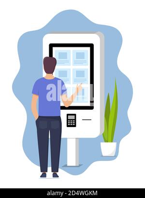 Man using self-service payment and information electronic terminal with touch screen. Vector ...