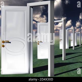 Entrance through open doors, multiple opened doors drive to black end ...
