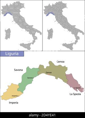 map of Liguria province of Italy and location on Italian map Stock ...