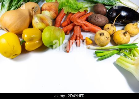 Various organic vegetables and fruits. "imperfect" vegetables and ...