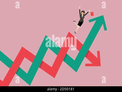 Businessman losing his balance on stock market fluctuation arrow. Graph ...