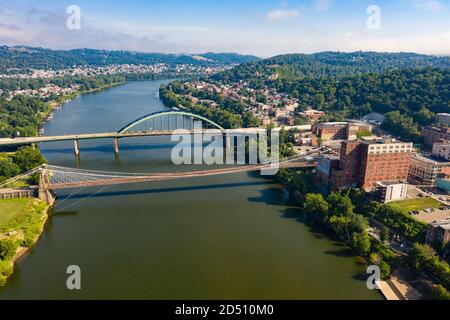 View of the Ohio River with Wheeling Suspension and Fort Henry bridges ...