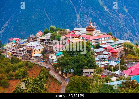 Kalpa and Kinnaur Kailash mountain aerial panoramic view. Kalpa is a ...
