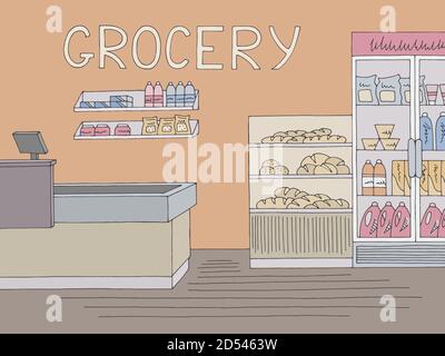 Grocery store shop interior color graphic sketch illustration vector ...