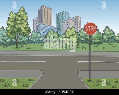 Vector cartoon illustration city crossroad with green traffic lights ...