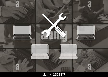 Maintenance service concept illustrated by pictures on background Stock ...