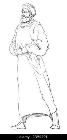 Hand drawing of Cartoon Muslim Old man standing, pointer finger up ...