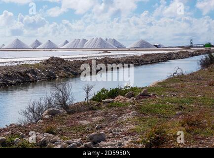 The salt pans of Bonaire. The salt mountains and the conveyor belt on ...