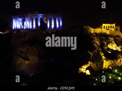 The Acropolis of Athens at night. Athens by night. Parthenon lighted ...