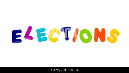 Text ELECTIONS written in plastic letters on a white background ...