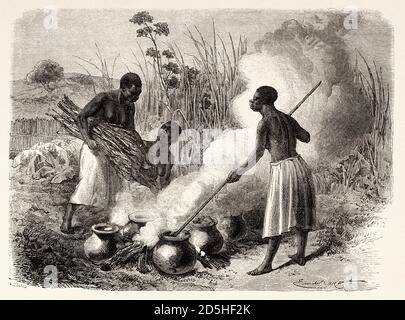 Beer making in Unyamwezi region, Tanzania, Africa. Old XIX century ...