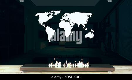 Office design with modern furniture fireplace area, world map furniture ...