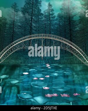 Bridge over the river 3D illustration 2. Rope bridge structure ...