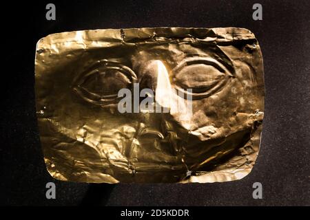 Golden pre-Columbian Inca mask, replica, sheet brass with semi-precious ...