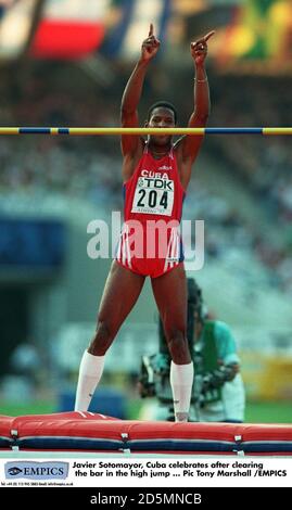 Javier Sotomayor, Cuba celebrates after clearing the bar in the high ...