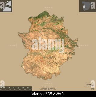 Extremadura, autonomous community of Spain. Open Street Map. Locations of major cities of the ...