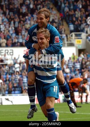 Reading's Kevin Doyle celebrates his goal in front of the Reading fans ...