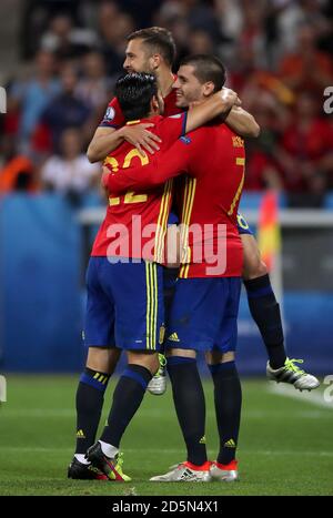 Spain’s Alvaro Morata celebrates after scoring their sides first goal ...