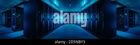 Shot of a Working Data Center With Rows of Rack Servers. Led Lights Blinking and Computers are ...