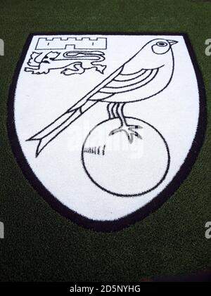 Norwich City Football Club badge outside Carrow Road ground, Norwich ...