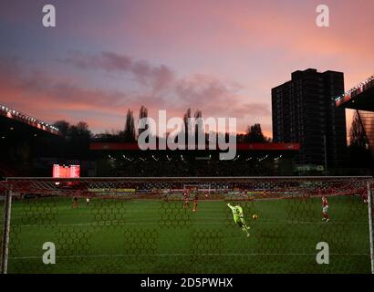 The sun sets over the Jimmy Seed stand Stock Photo - Alamy