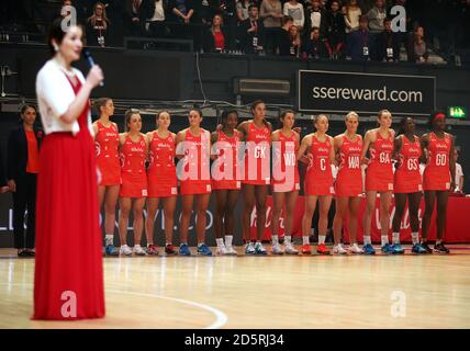 Players of England line up for national anthems prior to the FIFA World ...