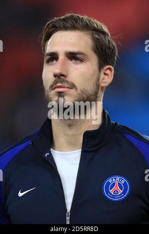 Paris Saint-Germain goalkeeper Kevin Trapp gives a thumbs up Stock ...
