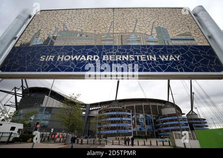 A general view of signage outside Etihad Stadium Stock Photo - Alamy