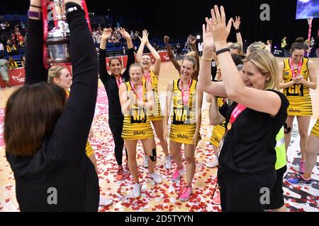 Wasps Netball players celebrate with the Trophy after winning the ...
