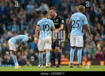 Everton's Morgan Schneiderlin raises his finger to Manchester City's ...