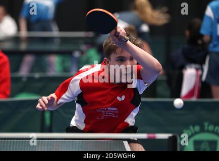 Wales' Joshua Stacey during the boys team table tennis event during the ...