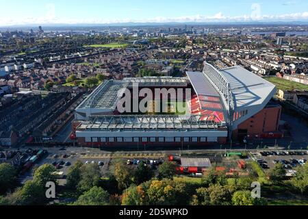 A general view of Anfield Stadium taken by drone from Stanley Park ...
