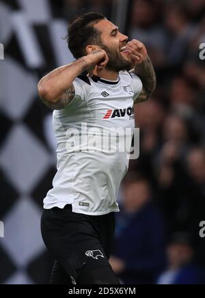Derby County's Bradley Johnson celebrates scoring his side's fourth ...