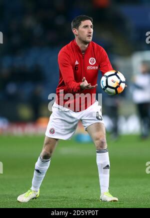 Sheffield United's Chris Basham warms up before the English Premier ...