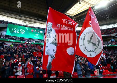 Arsenal fans wave flags on the stands before the Champions League final ...