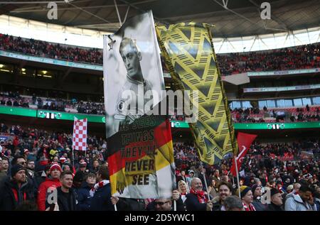 Arsenal fans wave flags on the stands before the Champions League final ...