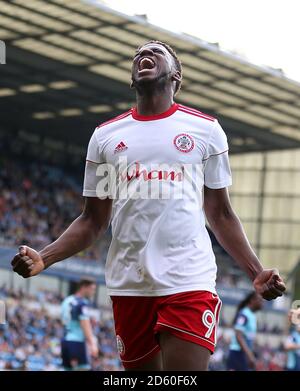 Accrington Stanley Offrande Zanzala celebrates scoring his sides fourth ...