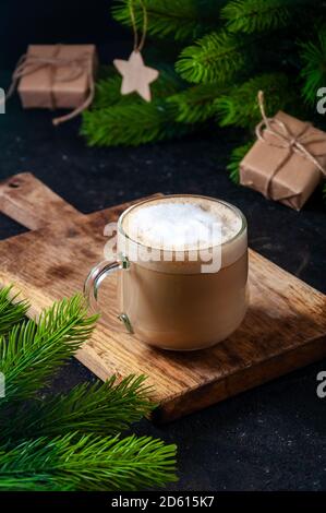 Christmas background with gift box, cocoa and gingerbread cookies. Cozy ...