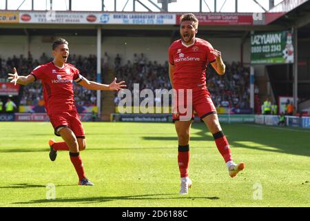 Walsall's Luke Leahy celebrates scoring his side's second goal of the ...