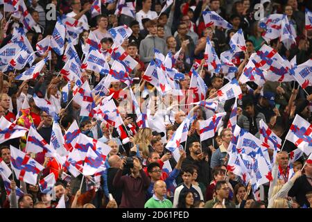 England fans and flags in the stands during the FIFA World Cup Group L ...