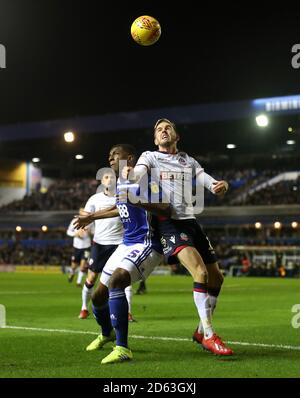 Birmingham City's Wes Harding (left) and Brentford's Ethan Pinnock ...