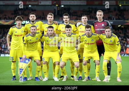 BATE Borisov's Slobodan Simovic (left) and Arsenal's Matteo Guendouzi ...