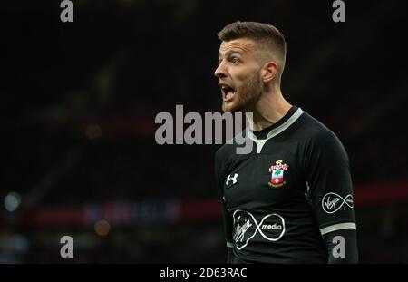 Southampton goalkeeper Angus Gunn screams at assistant referee Stock ...