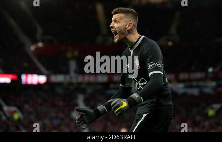 Southampton goalkeeper Angus Gunn screams at assistant referee Stock ...