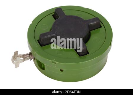 PMN-2 soviet, plastic bodied anti-personnel landmine. Isolated on white ...