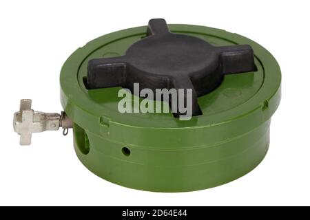 PMN-2 soviet, plastic bodied anti-personnel landmine. Isolated on white ...
