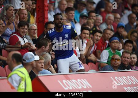 Birmingham City's Kerim Mrabti is forced into the crowd by a shoulder ...