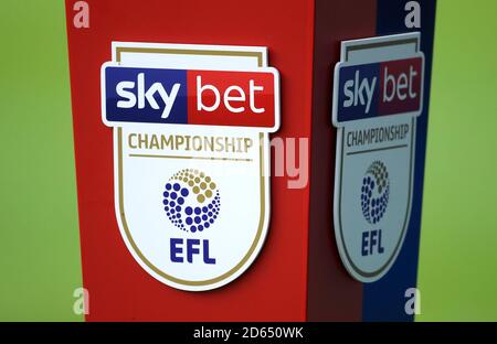 A close up of a Sky Bet League One logo on an advertisement board ...