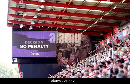 The big screen showing a VAR decision of no penalty during the Premier ...