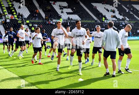 Derby County players warm up before the Sky Bet Championship match at ...